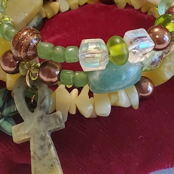 Jewelry | Jade Ankh Bronze Faux Pearls Glass Olive Green Jade Memory ...